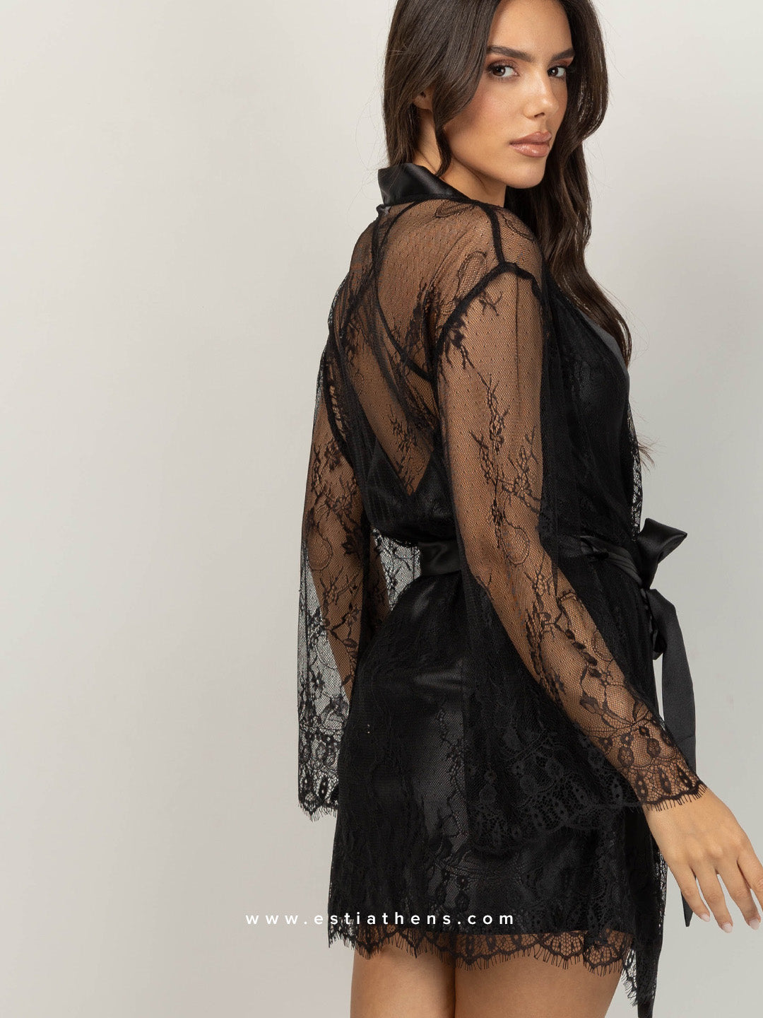 Black Lace Satin Nightwear Set with Robe | Esti Athens