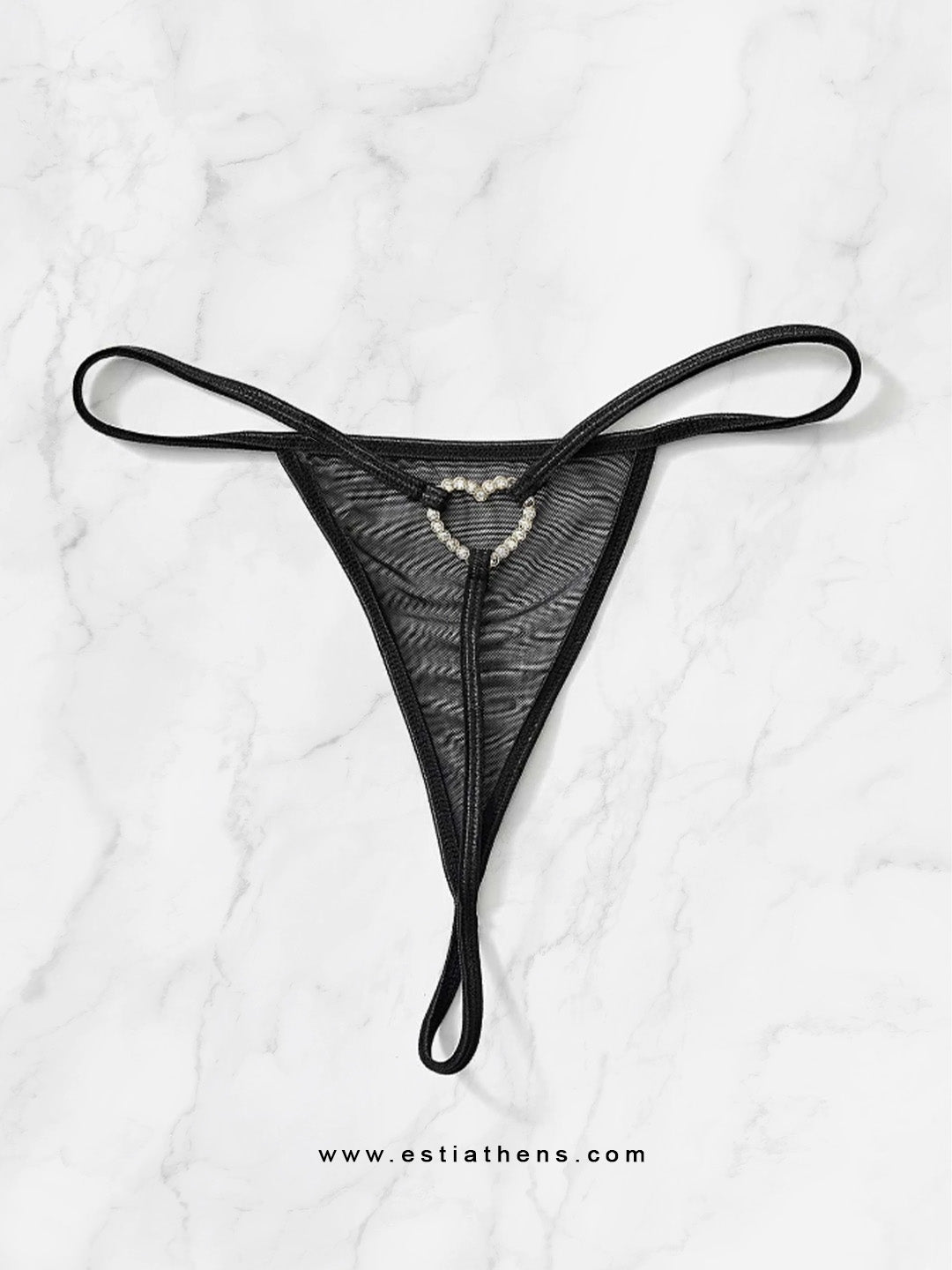 Black See-through String with Rhinestone Heart | Esti Athens