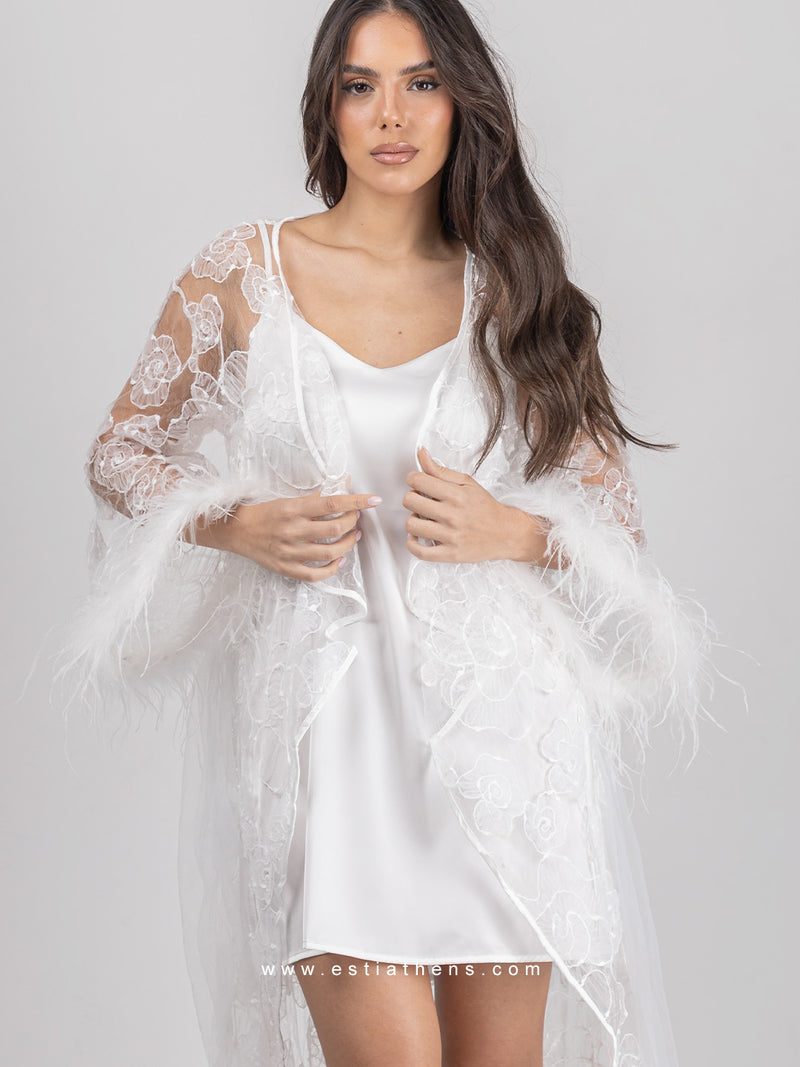 Bridal White Lace Robe Dress with Feathered Sleeves | Esti Athens